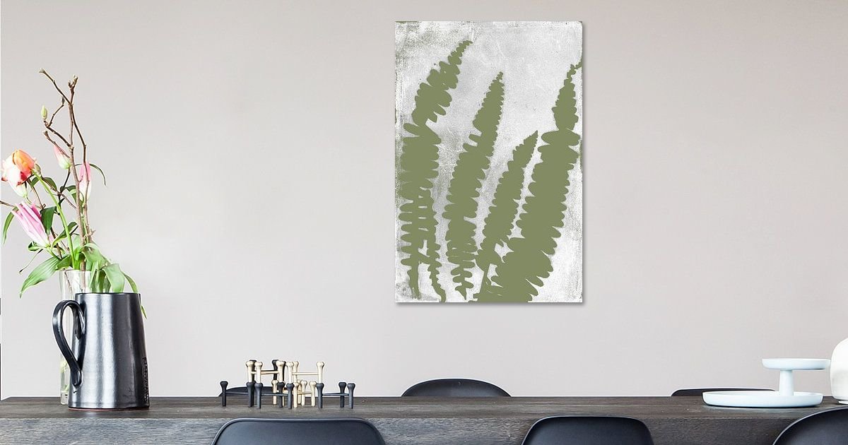 Groene varens in Japandi stijl. Moderne botanische kunst in pastel warm groen en wit. van Dina ...